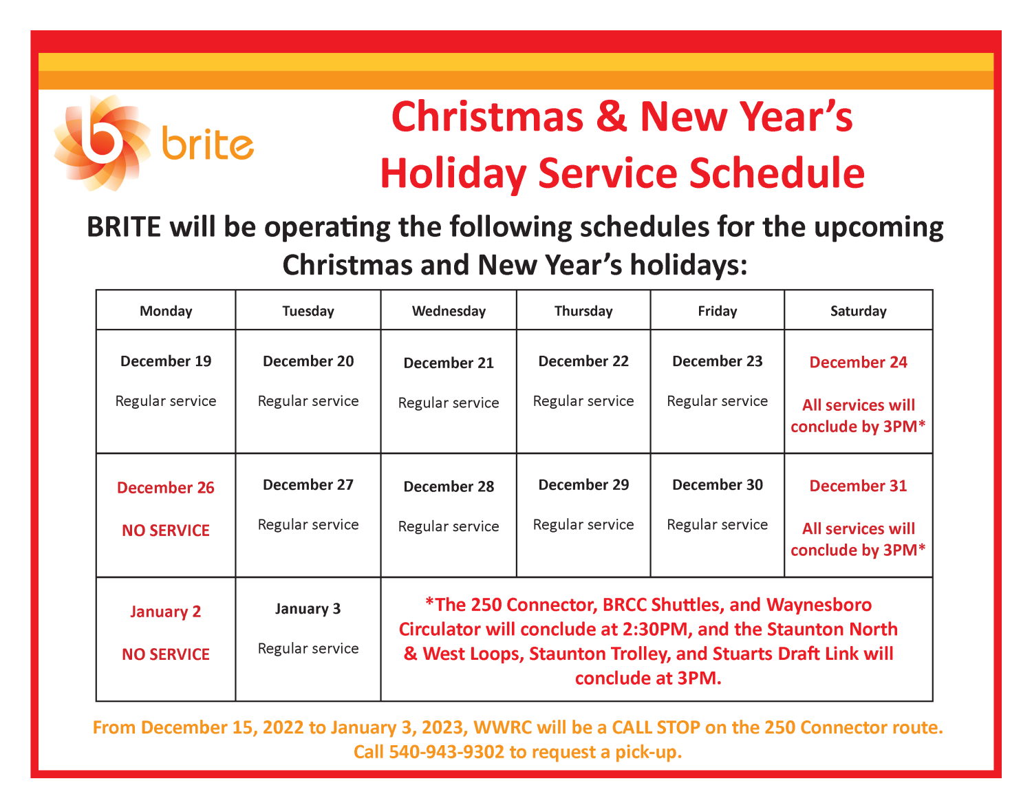 2022 Holiday Service Schedule - Christmas and New Year's - BRITE Bus ...